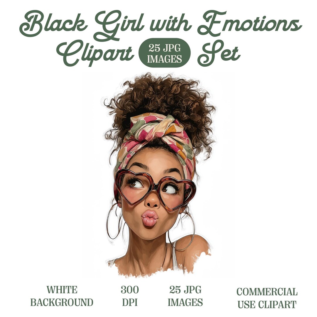 African American Women Clipart: Afro Girl Emotions, Printable Jpgs ...