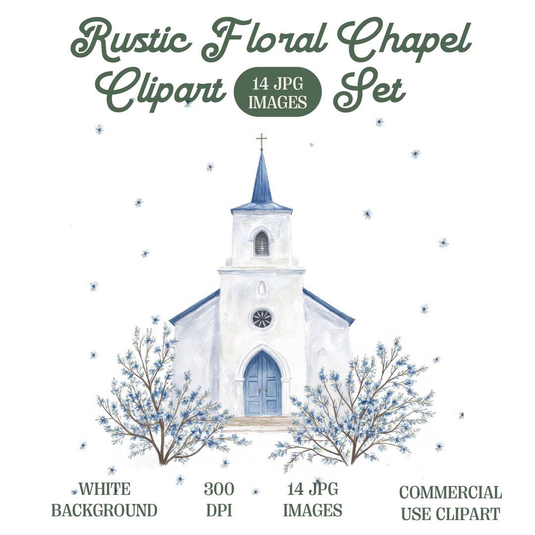 White Church Clipart: Rustic Floral Chapel, Printable Jpgs (digital ...