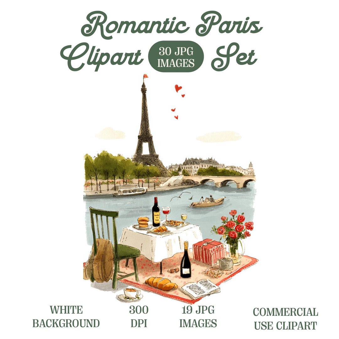 Paris Valentine's Day Clipart: Eiffel Tower, French Houses & Romantic ...