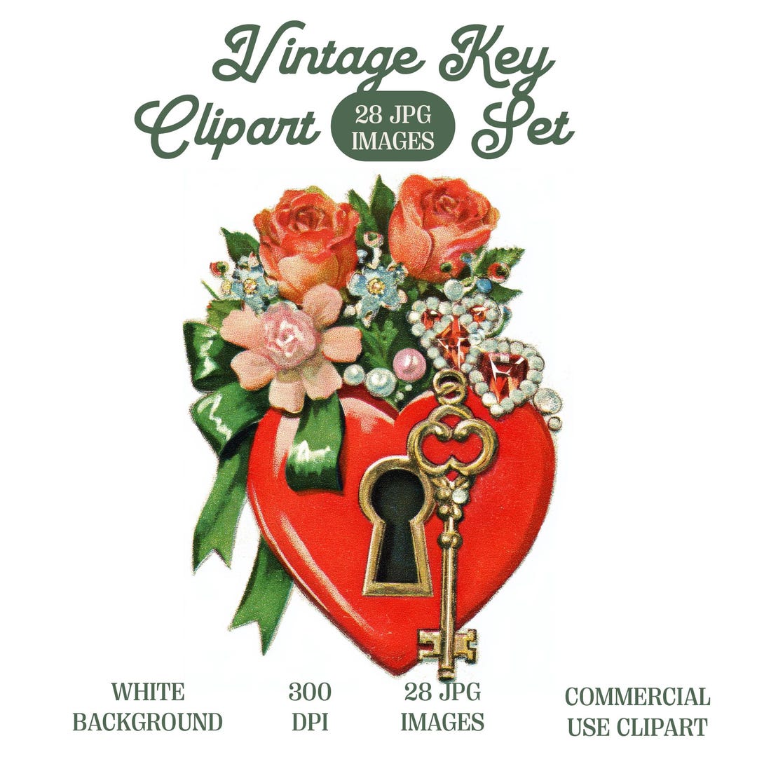 Vintage Valentine Clipart: Floral Heart Locks & Romantic Keys ...