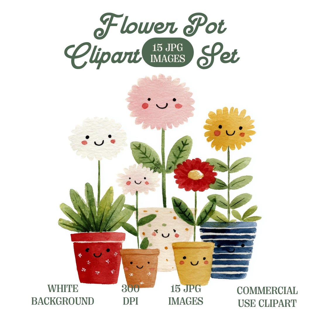 Potted Plants Clipart Set: Watercolor Spring Flower Pot Illustrations ...