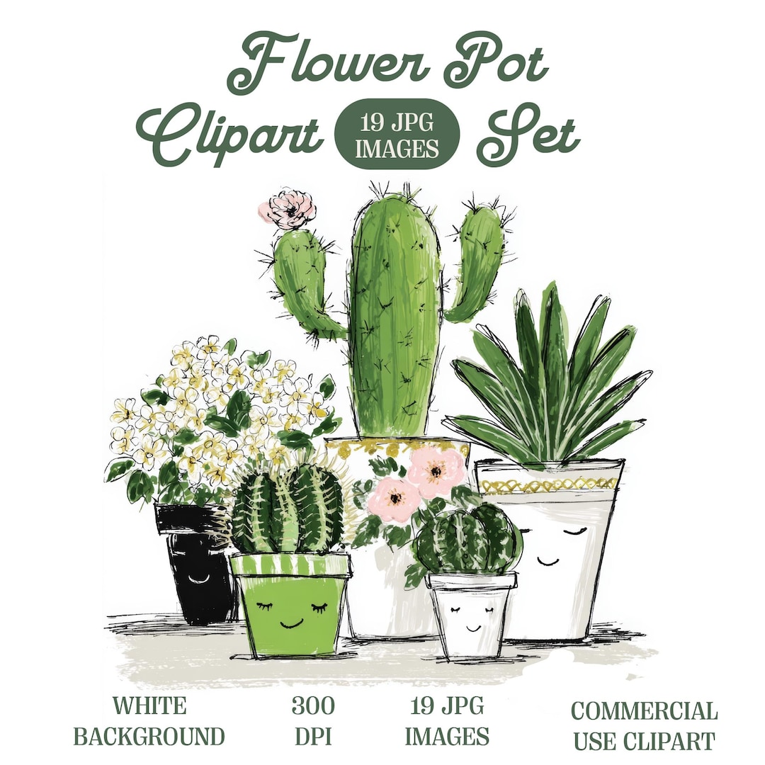 Flower Pot Clipart Set: Potted Plants, Spring Floral Illustrations ...