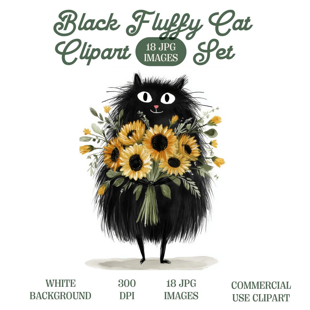 Quirky Black Fluffy Cat Clipart: Printable Jpgs (digital Download) - Etsy