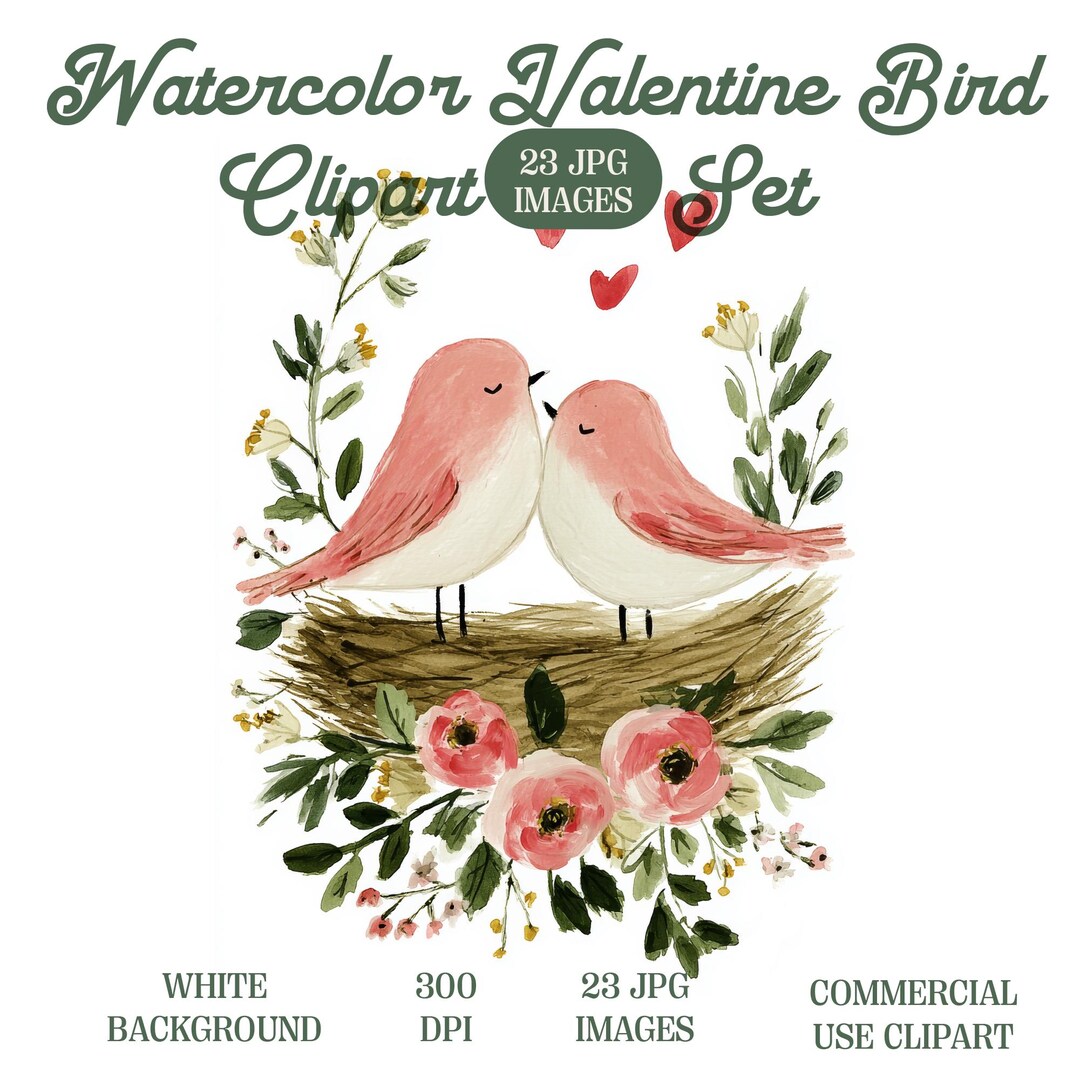 Watercolor Valentine Birds Clipart: Romantic Animals, Printable Jpgs ...