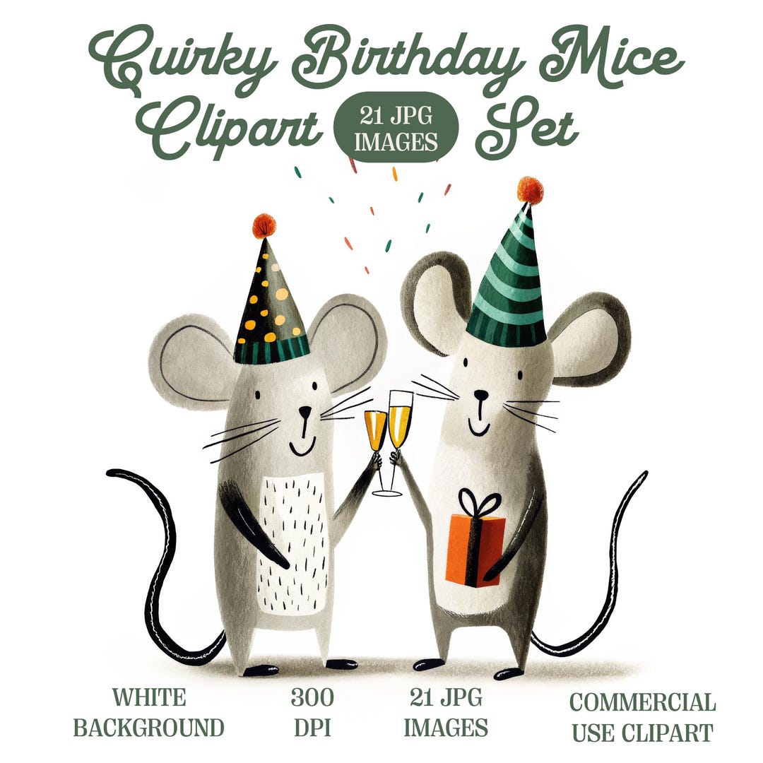 Quirky Birthday Mice Clipart: Mouse Couple Party Graphics, Printable ...