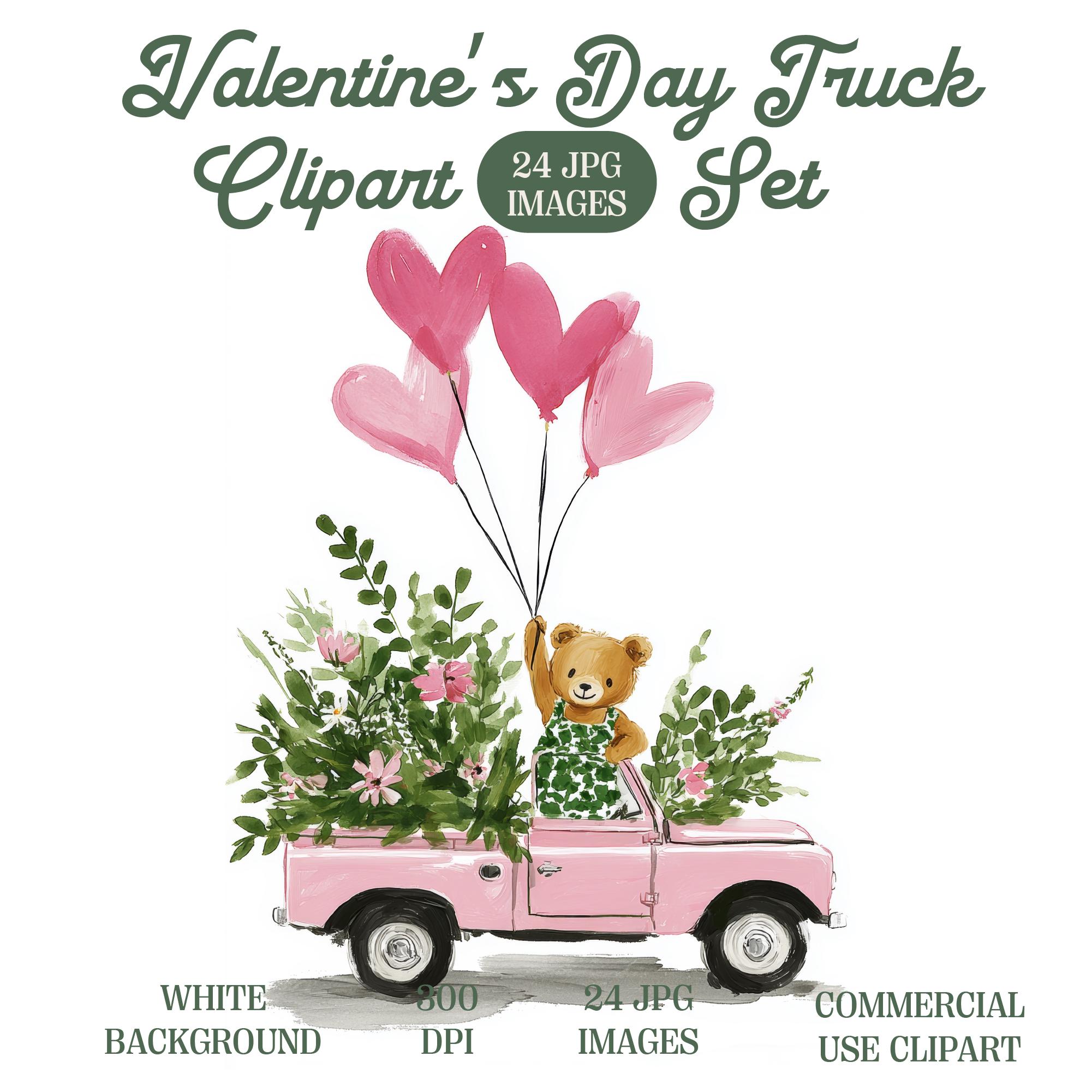 Valentine’s Day Truck Clipart: Watercolor Pickup With Hearts, Balloons ...