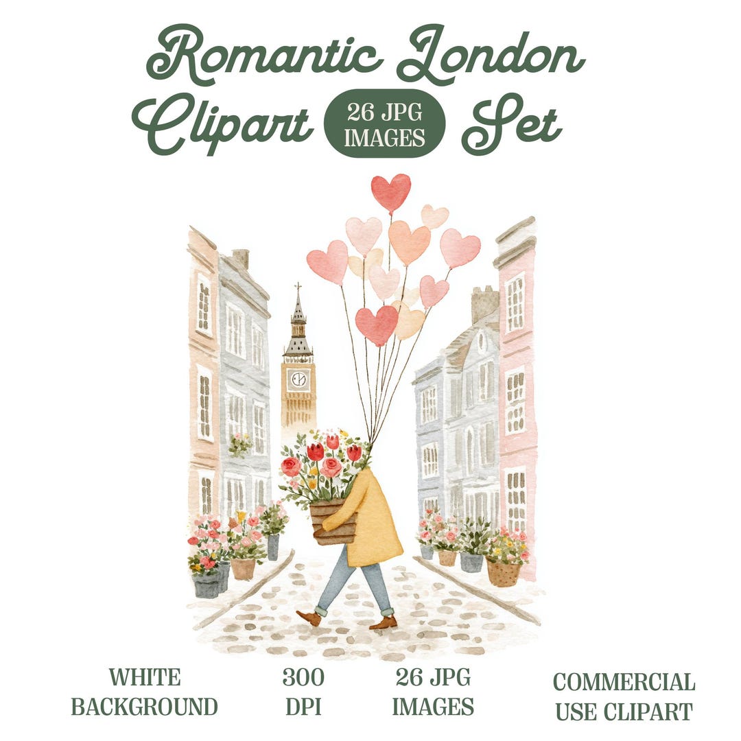 Romantic London Clipart, Watercolor Big Ben Love Scenes & British ...
