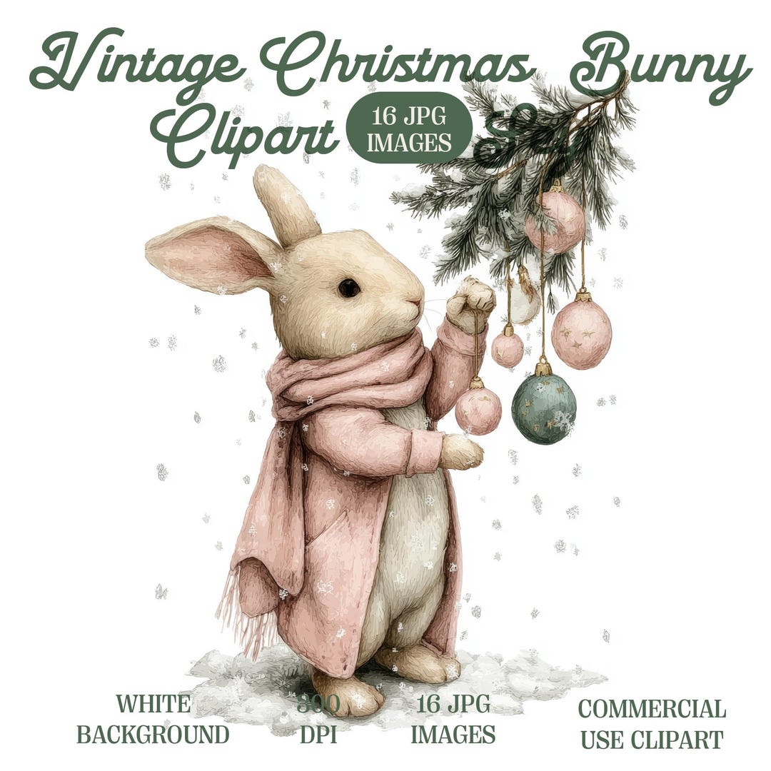Watercolor Christmas Bunny Clipart: Vintage Holiday Rabbits, Printable ...