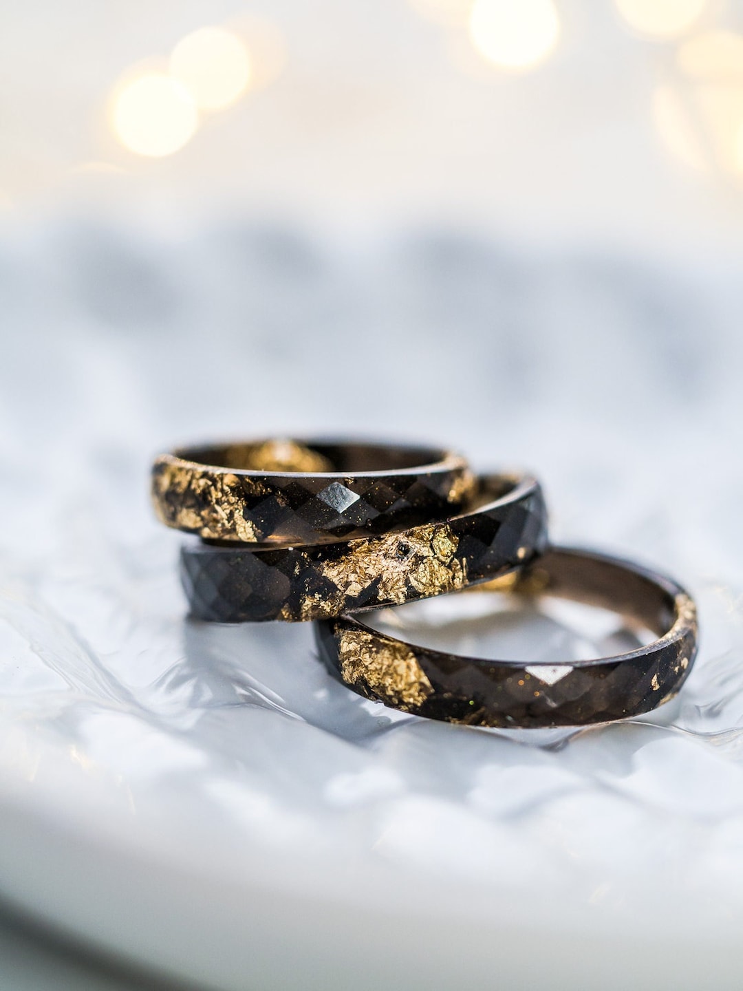 Black Resin Ring With Gold Flakes: Faceted Stacking Bands, Mens Ring ...