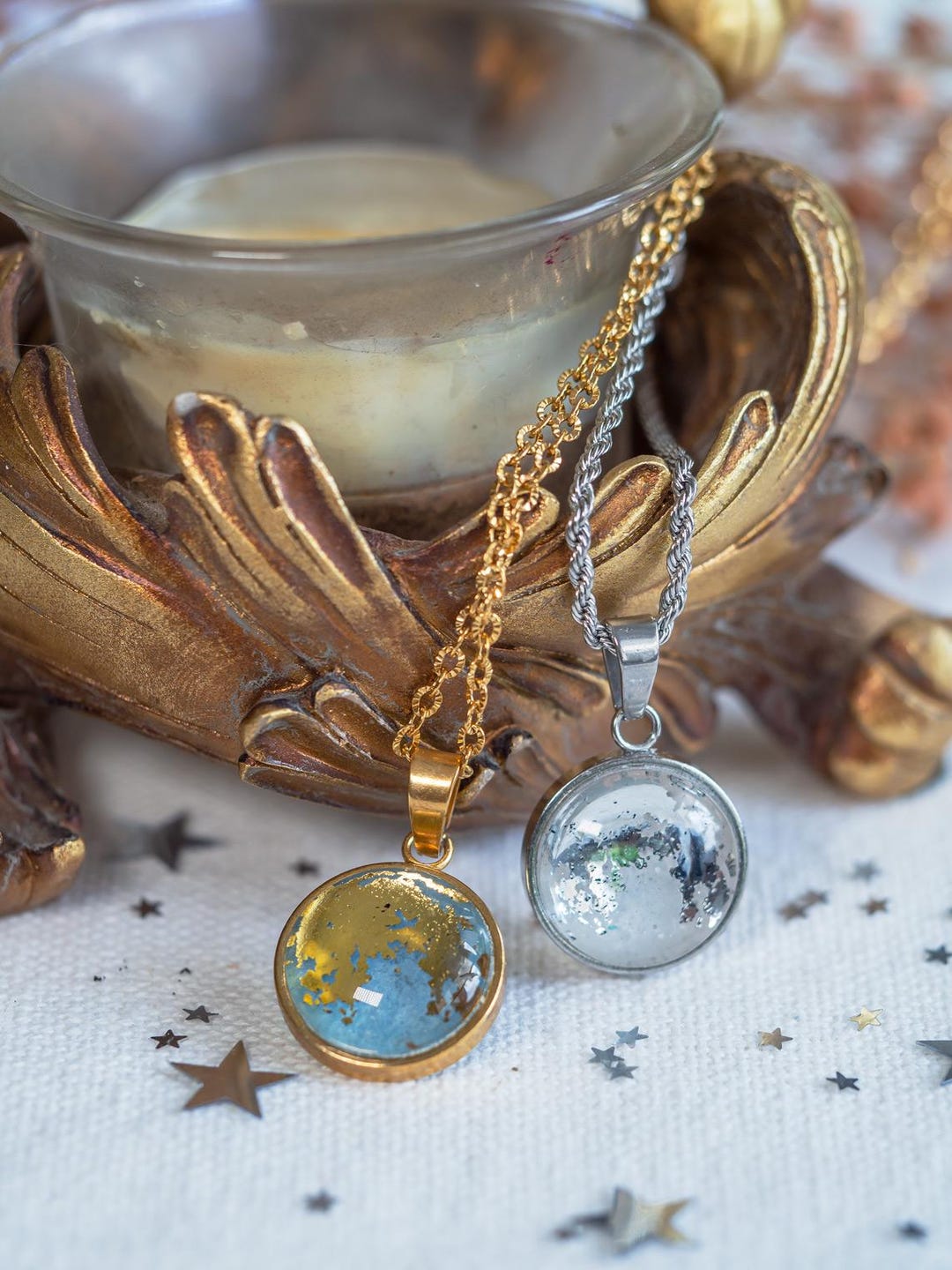 Full Moon Pendant Necklace, Dainty 16mm Glass Dome Stainless Steel ...