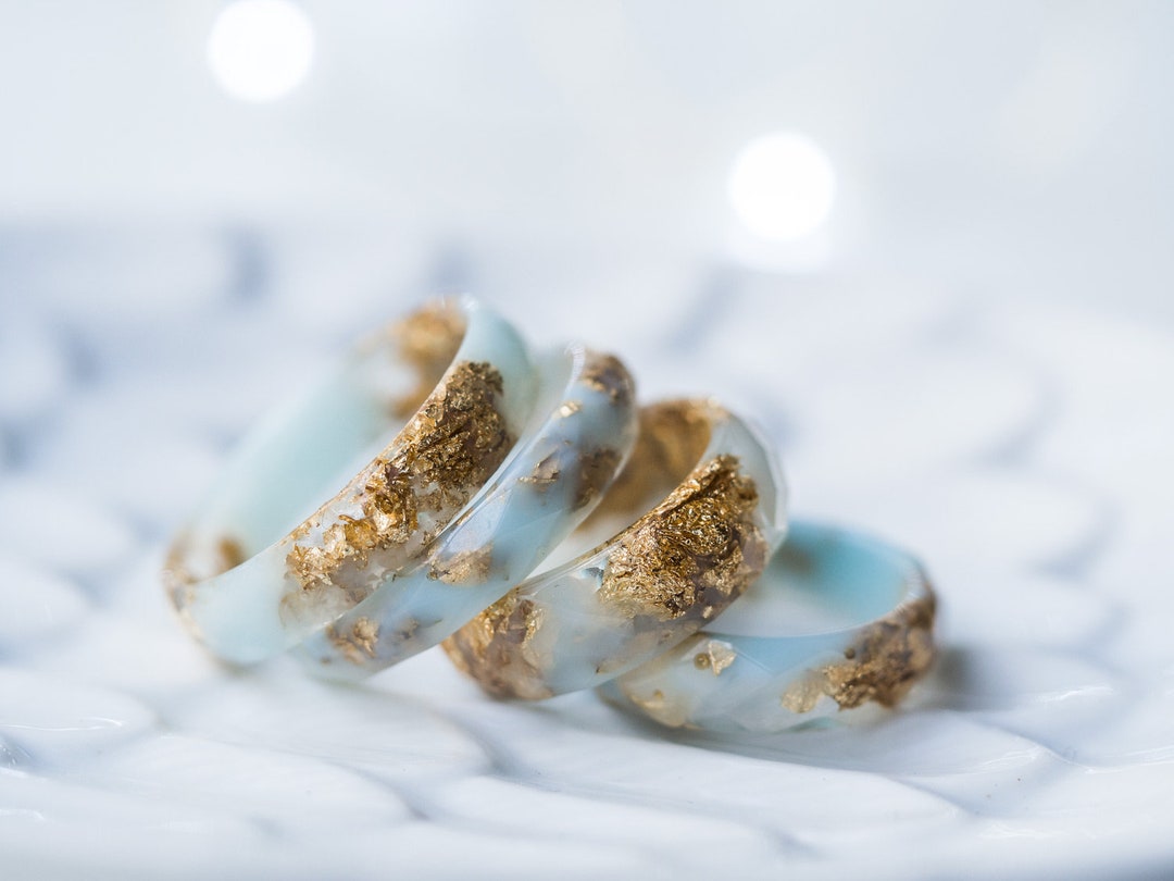 Pale Blue Resin Ring With Gold Flakes, Cute Rings for Women, Engagement ...