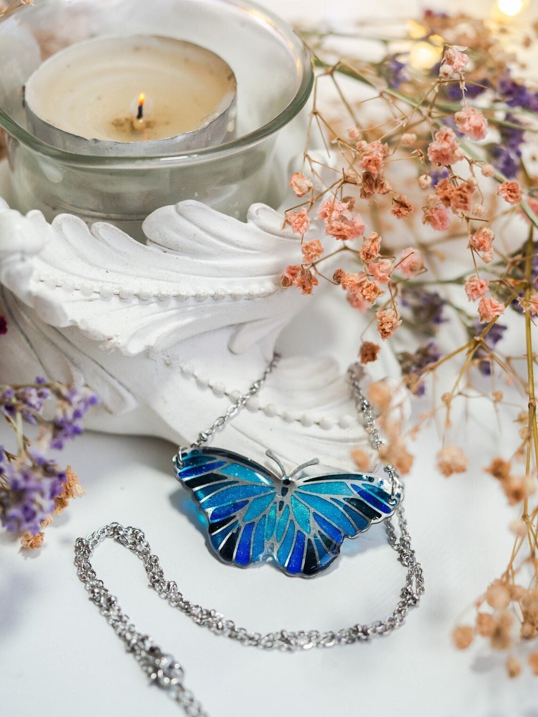 Blue Morpho Butterfly Necklace Iridescent Wing Pendant Fairycore ...