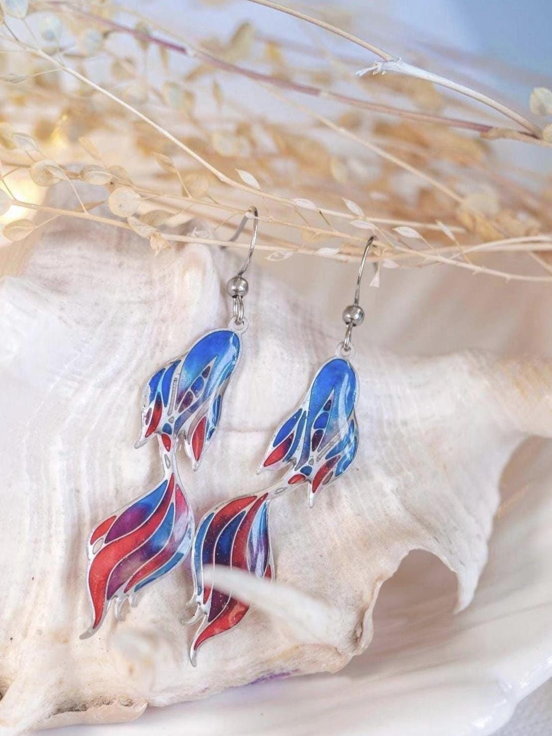 Resin Betta Fish Dangle Earrings – Tropical Koi Fish Ocean Design ...