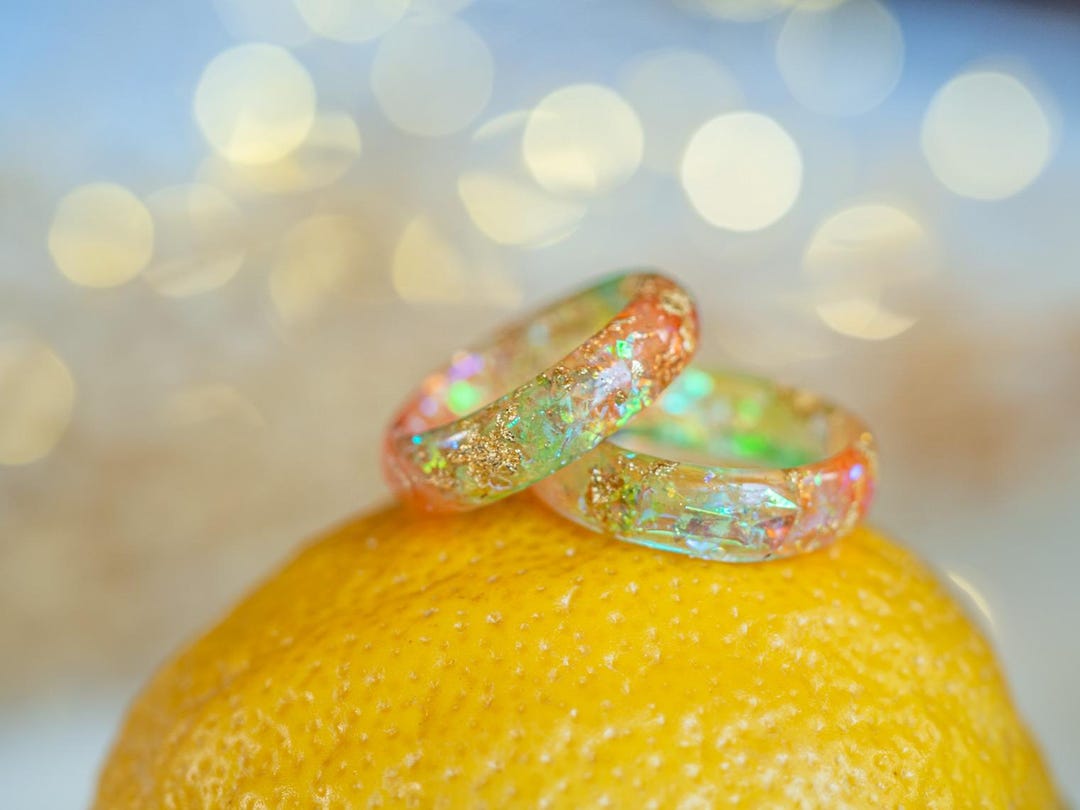 Iridescent Citrus Resin Ring With Opal Flakes - Orange Holographic ...