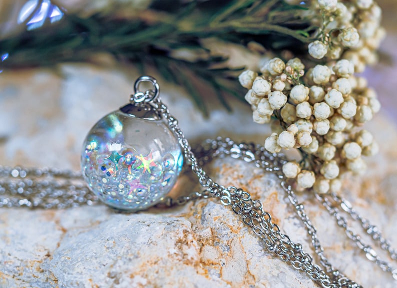 Iridescent Resin Bubble Orb Necklace Fairy Globe Pendant Stainless ...