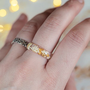 White Gold Resin Ring Pressed Flowers Thin Band Nature Inspired ...
