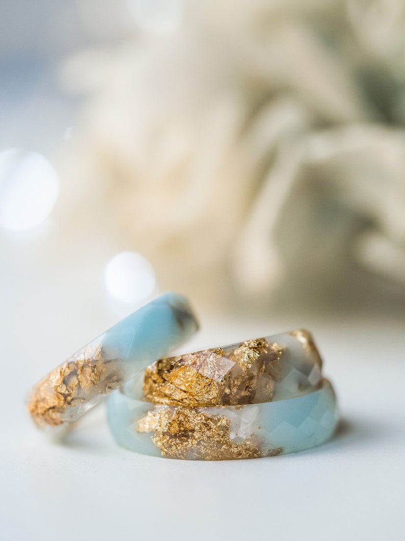 Pale blue resin ring with gold flakes cute rings for women | Etsy