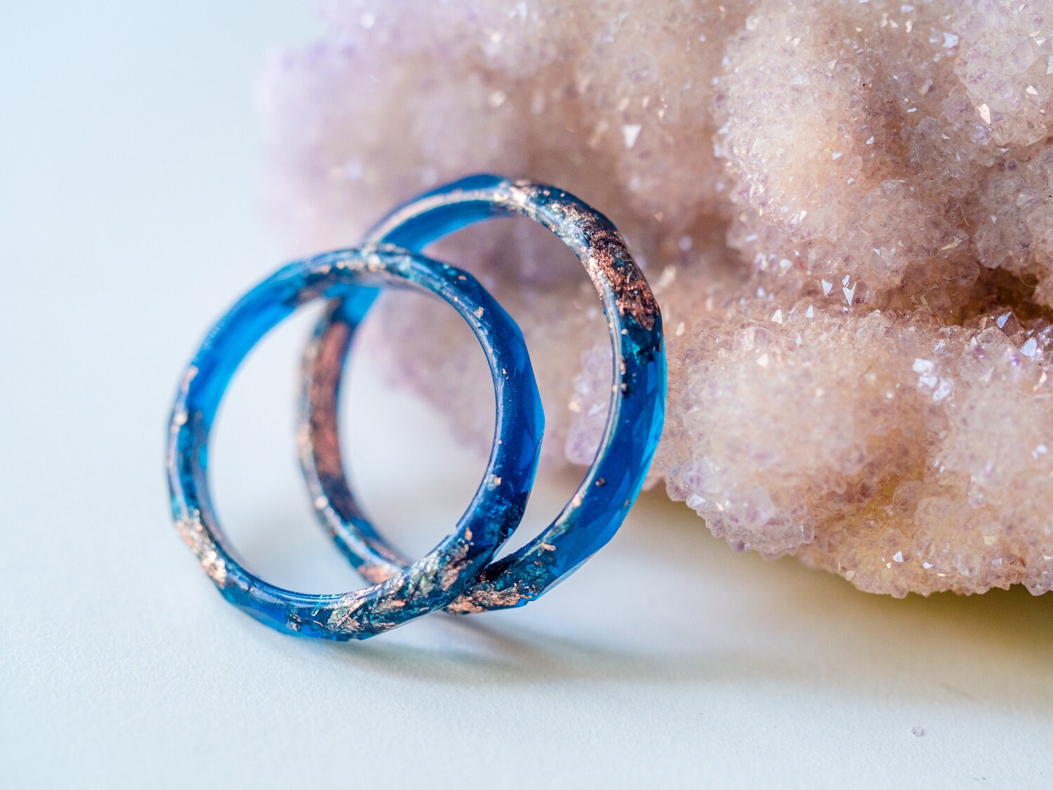 Dark Blue Resin Ring With Rose Gold Flakes, Thin Faceted Promise Ring ...