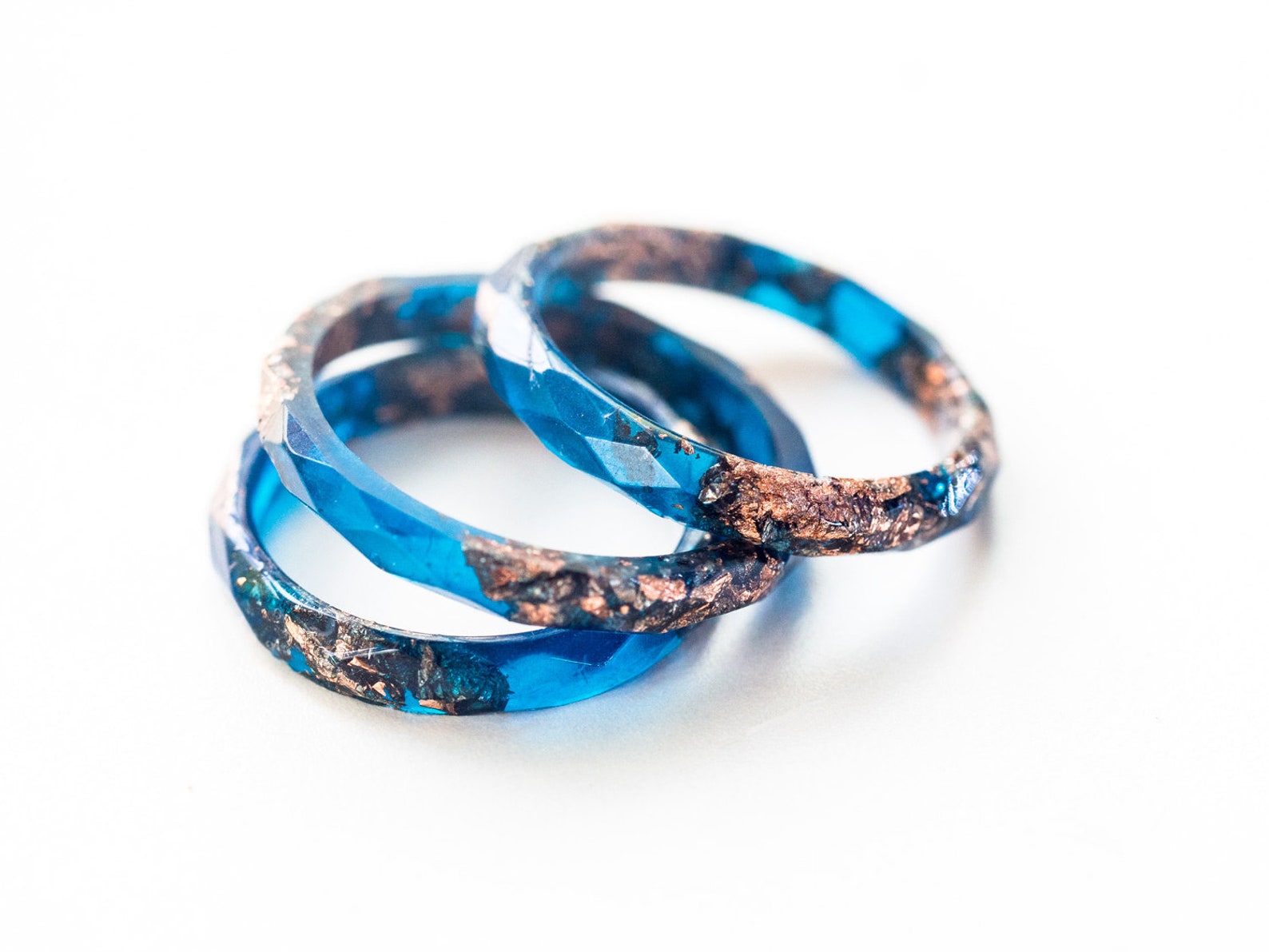 Dark Blue Resin Ring With Rose Gold Flakes, Thin Faceted Promise Ring ...