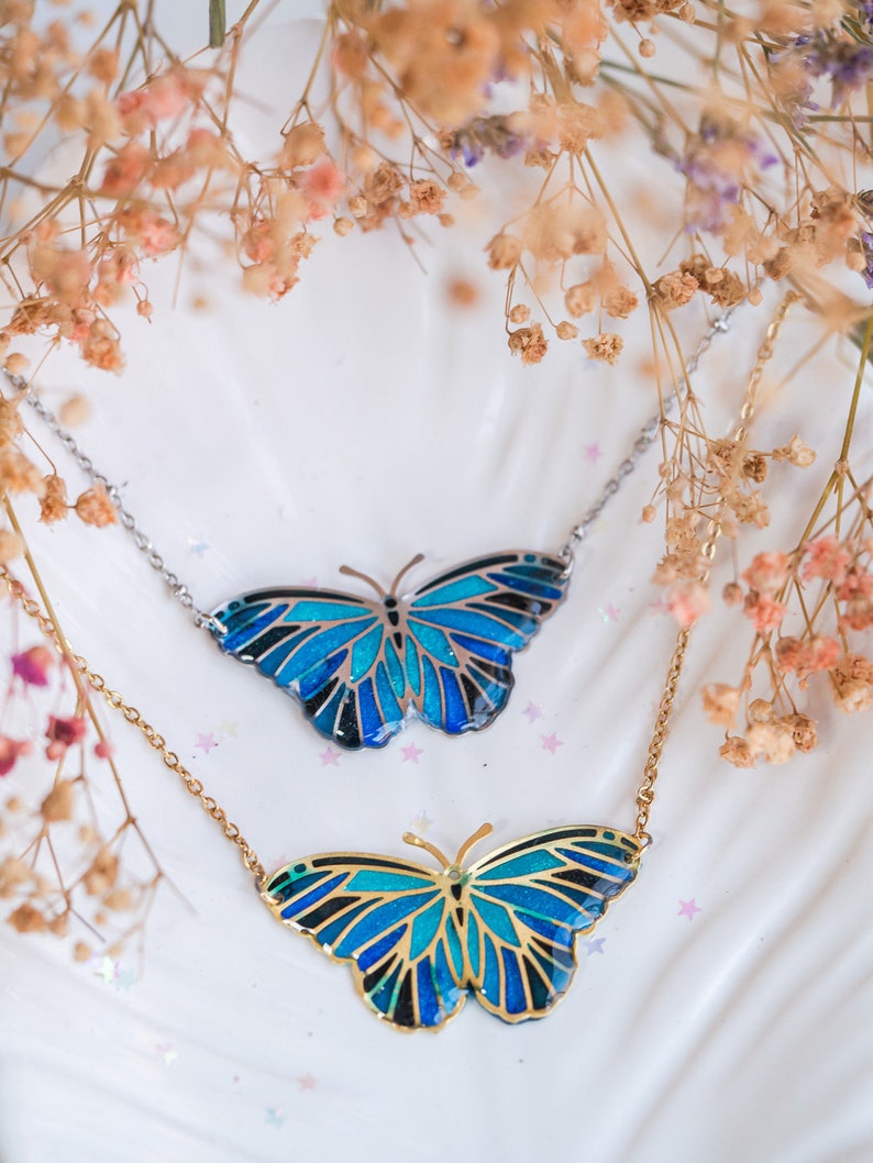 Blue Morpho Butterfly Necklace Iridescent Wing Pendant Fairycore ...