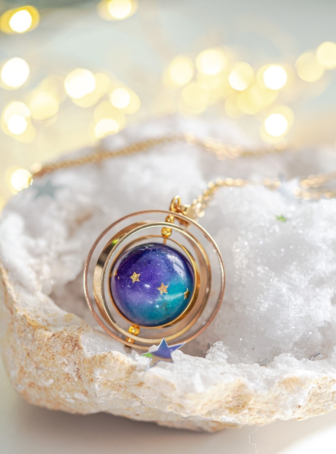 Saturn Planet Spinner Necklace Galaxy Resin Orb Celestial Stainless ...