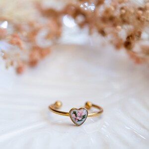 Tiny Heart Ring Dried Pressed Flowers Adjustable Stainless Steel ...