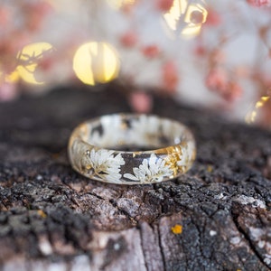 White Gold Resin Ring Pressed Flowers Thin Band Nature Inspired ...