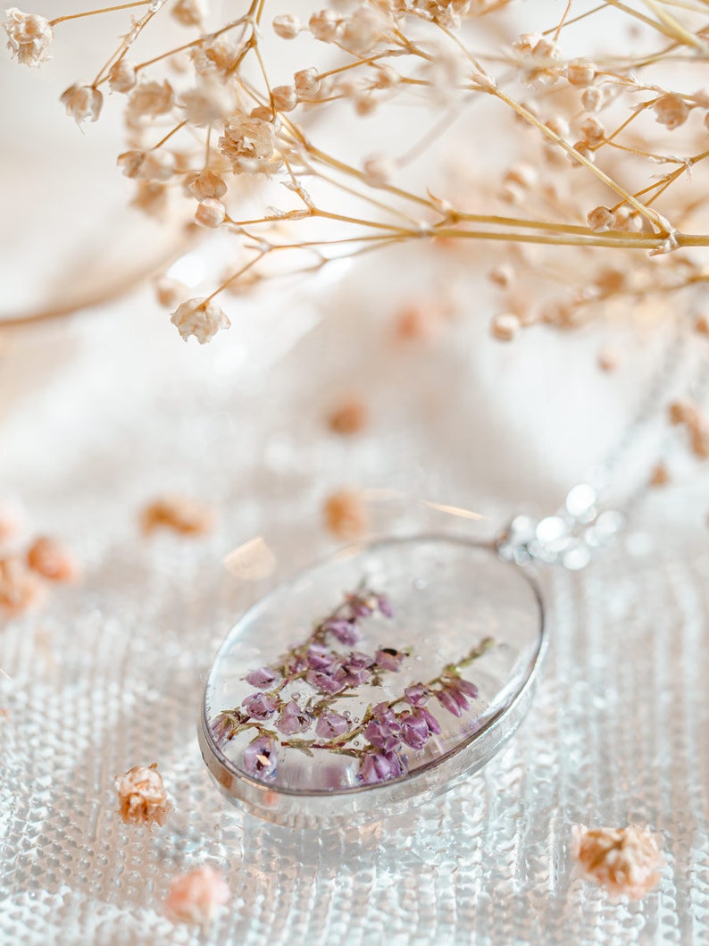 Real Dried Heather Resin Necklace, Botanical Oval Flower Pendant ...