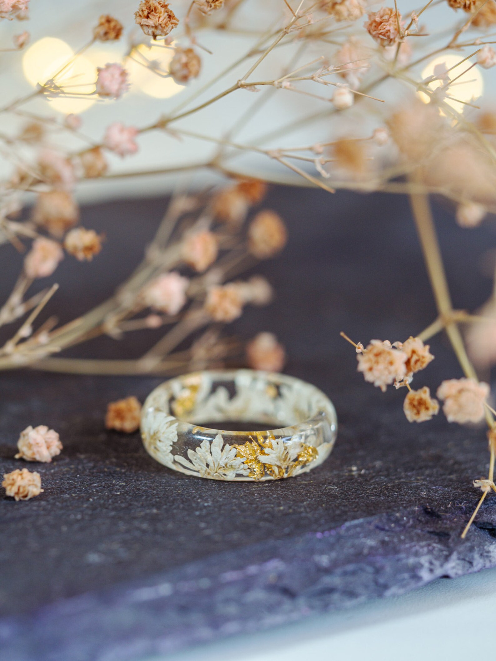 White Gold Resin Ring Pressed Flowers Thin Band Nature Inspired ...