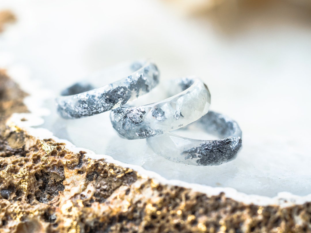 Pearl White Resin Ring With Silver Flakes - Stackable Handmade ...