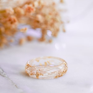 Resin Ring With White Flowers and Gold Leaf, Resin Flower Ring, Promise ...