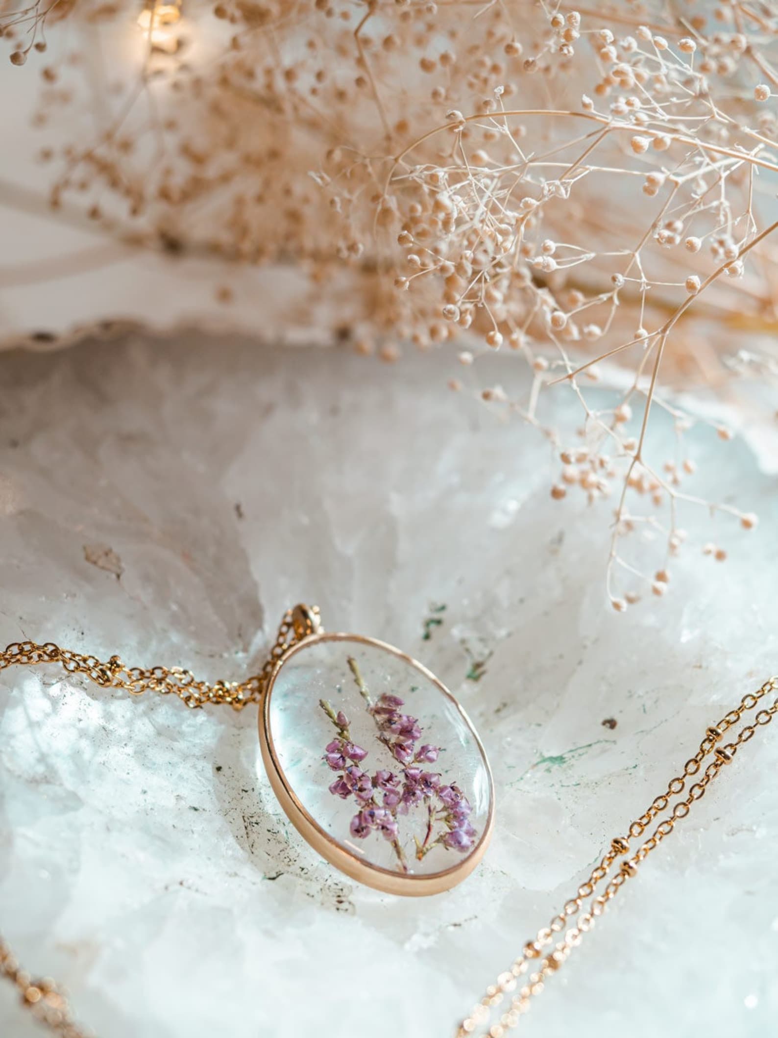 Real Dried Heather Resin Necklace, Botanical Oval Flower Pendant ...