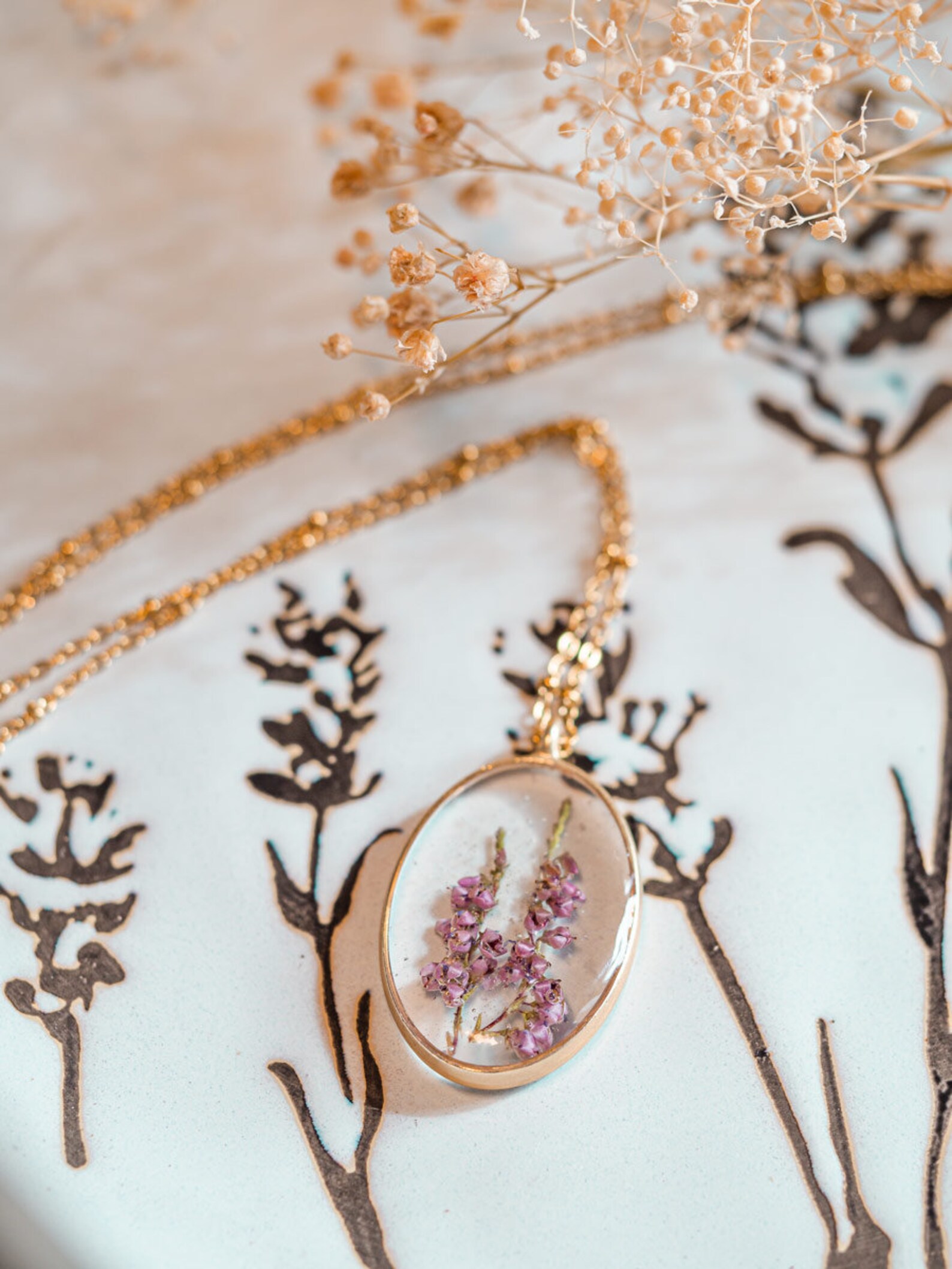 Real Dried Heather Resin Necklace, Botanical Oval Flower Pendant ...