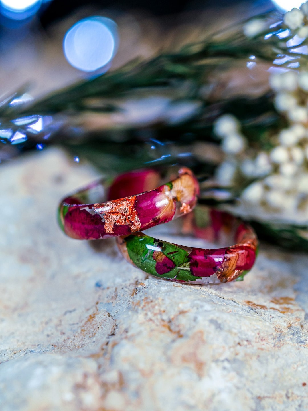 Red Rose Resin Ring, Real Dried Flower Stacking Band, Romantic Nature ...
