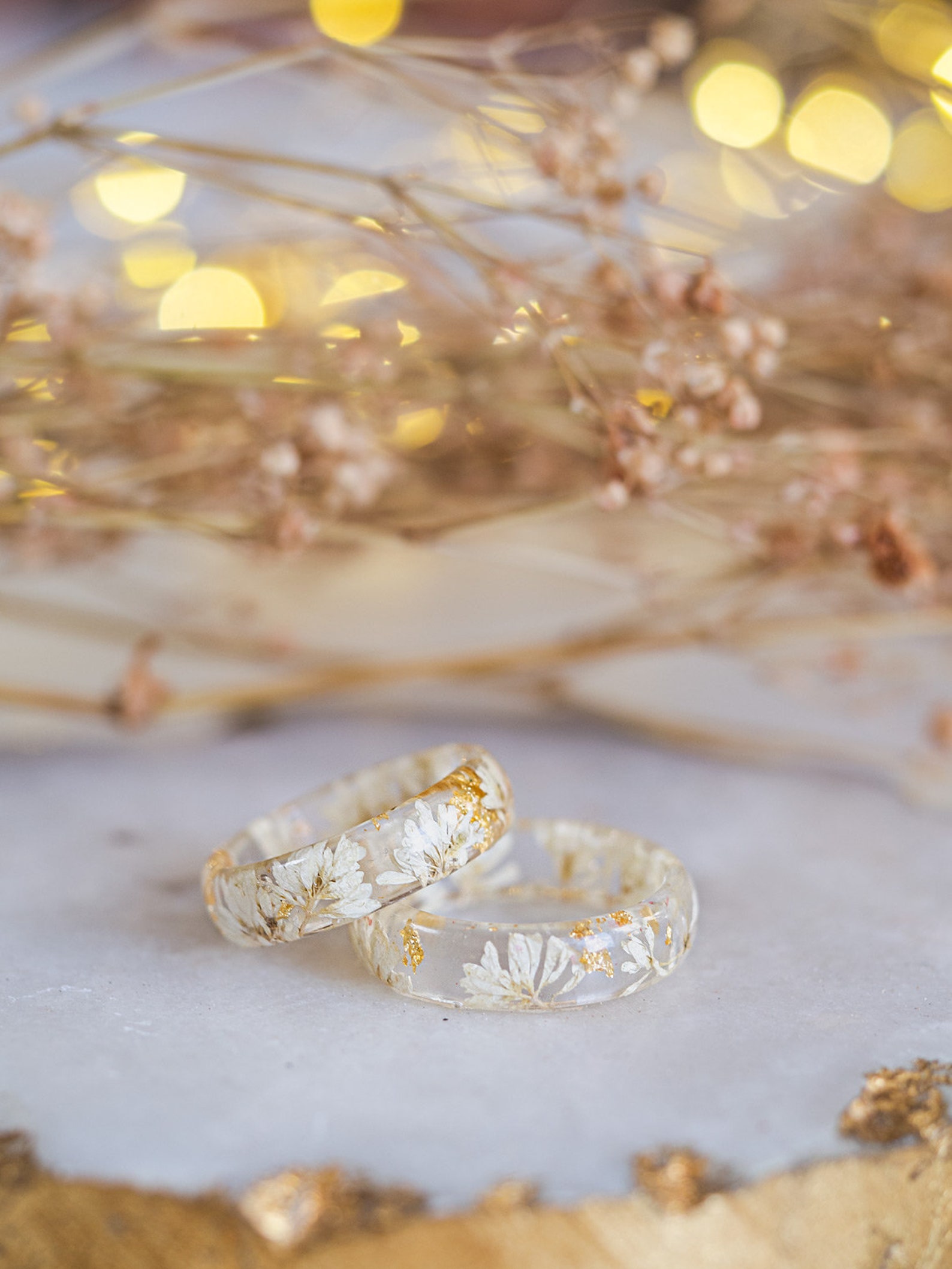White Gold Resin Ring Pressed Flowers Thin Band Nature Inspired ...