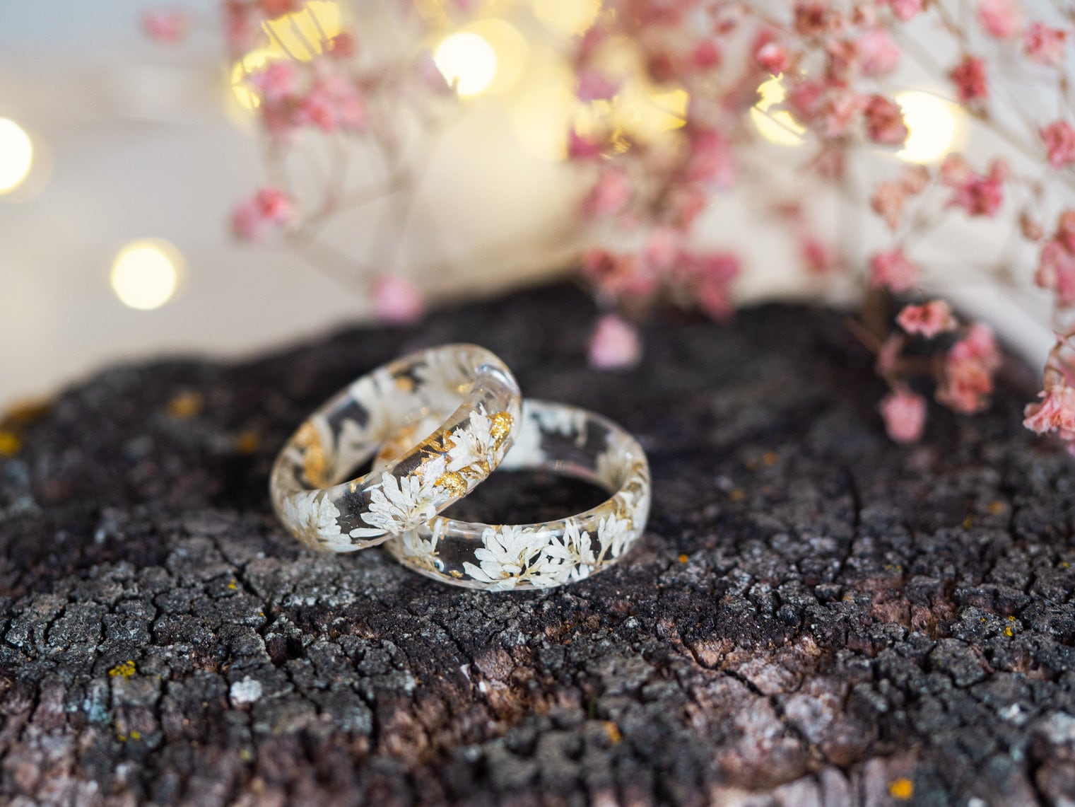 White Gold Resin Ring Pressed Flowers Thin Band Nature Inspired ...