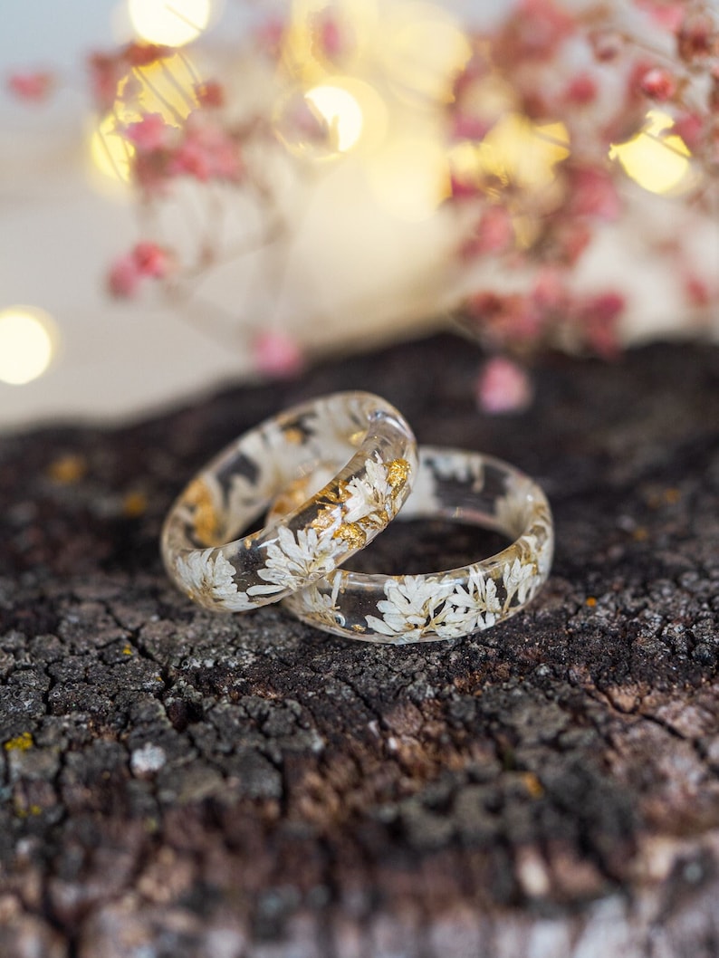White Gold Resin Ring Pressed Flowers Thin Band Nature Inspired ...