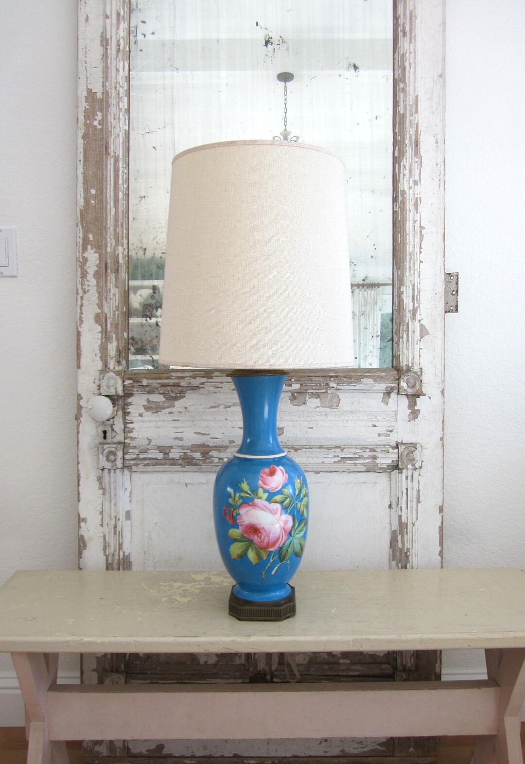 Vintage Teal Paris Table Lamp, Pink Garden Roses, Mid Century Romantic ...