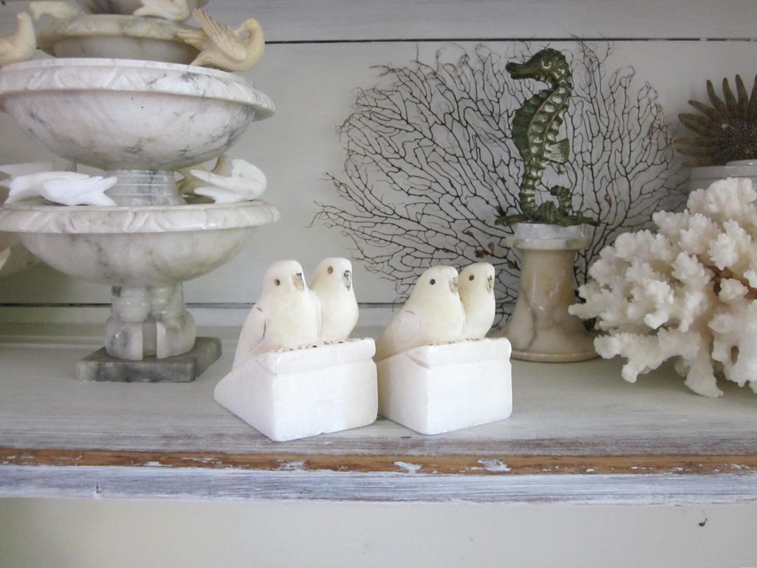 Vintage Alabaster BIRD Bookends, Pair, White Parakeets, Mid Century ...