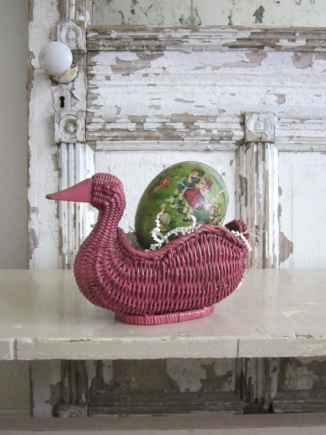Vintage PINK Woven Wicker Duck Basket, Antique German Paper Mache Egg ...