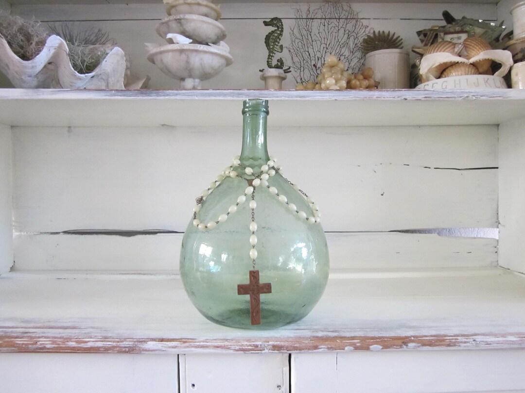 Vintage French Demijohn Bottle and Rosary, Aqua Glass, Coastal Decor ...