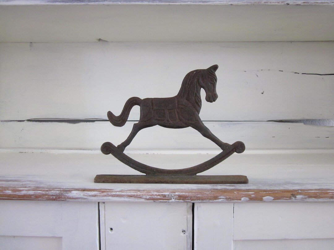Antique Cast Iron Rocking Horse Statue, Rusty Patina, Farmhouse Decor ...