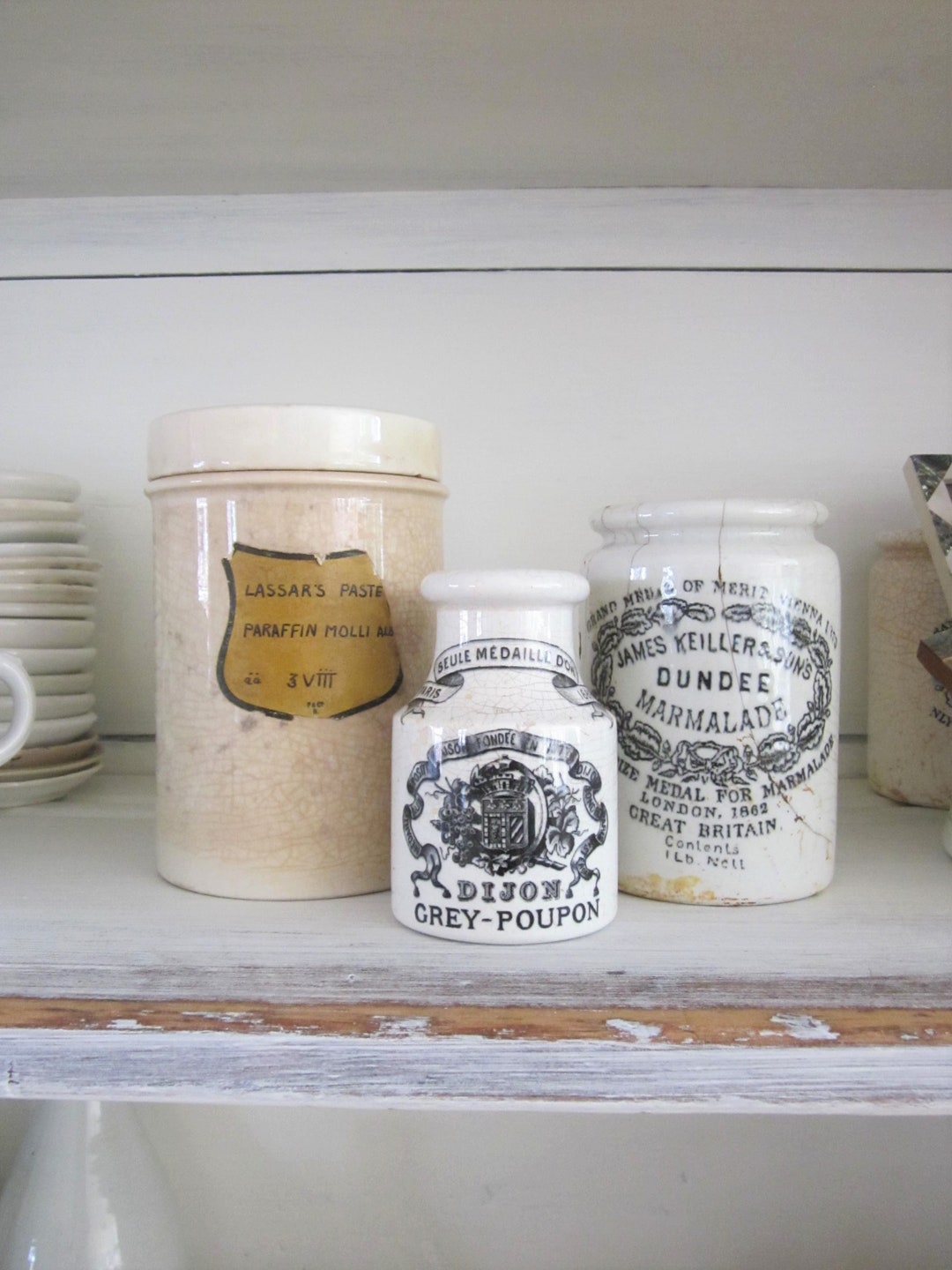 Antique Stoneware Jars, Set of 3, English Advertising Pots, French Grey ...