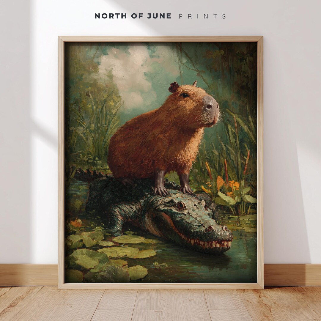 Capybara Sitting on Alligator - Funny Vintage Rustic Printable Art ...