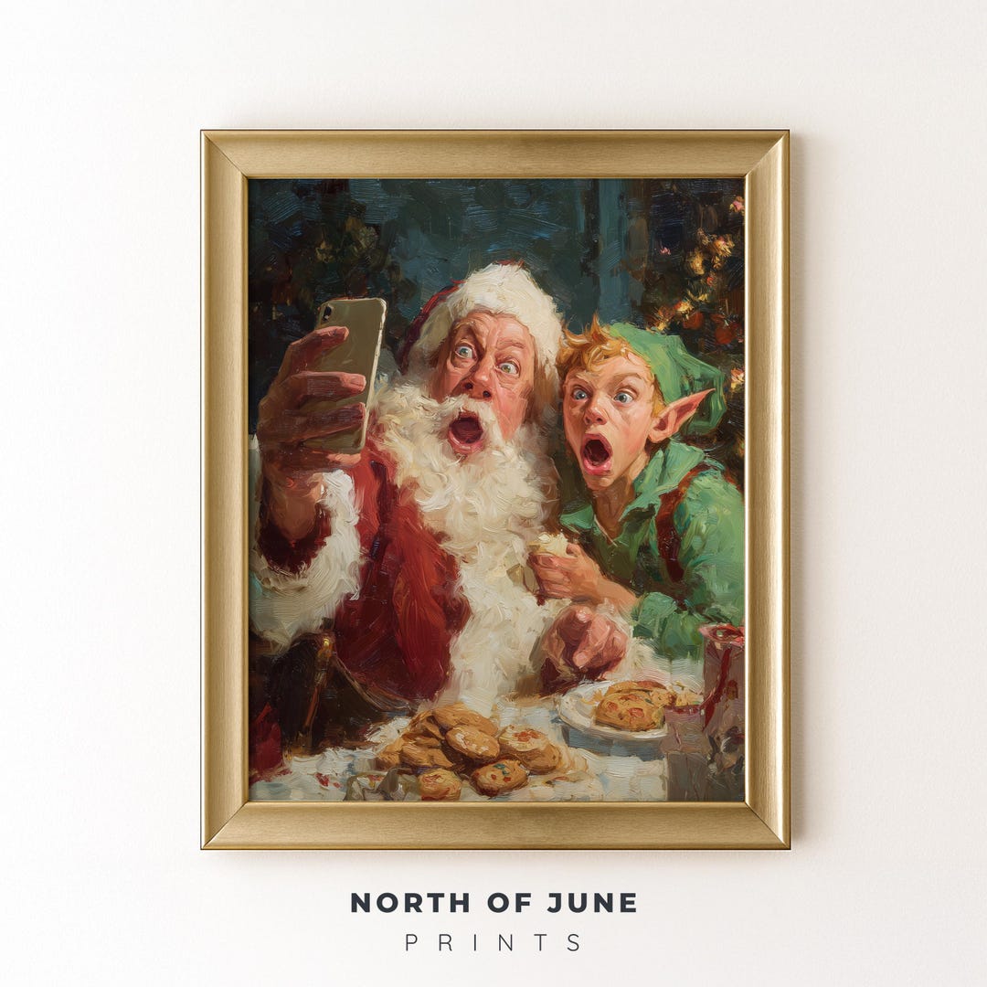Santa Claus and Elf Selfie Printable Oil Painting - Funny Christmas ...