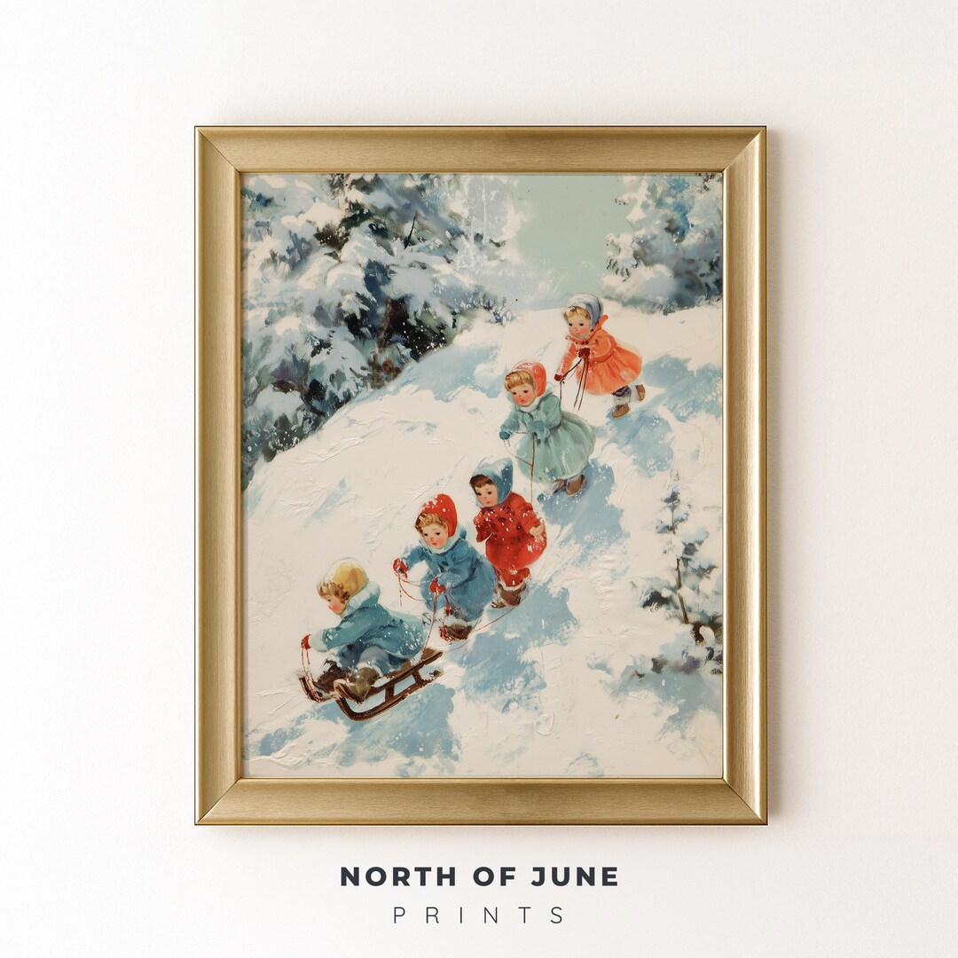 Vintage Winter Sledding Scene - Children Playing in Snow Art, Cozy ...