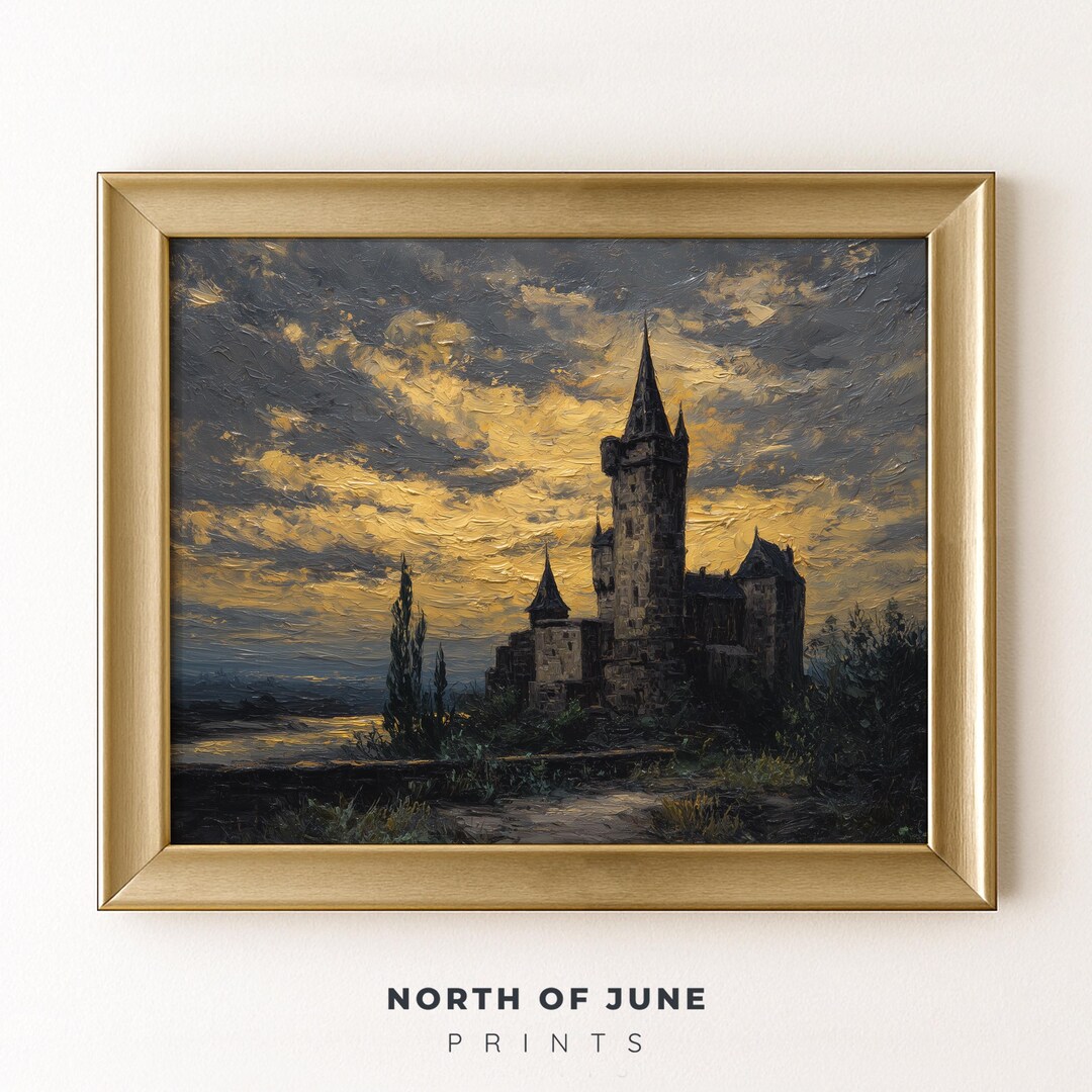 Vintage Castle Oil Painting – Dramatic Sky, Medieval Wall Art (digital ...