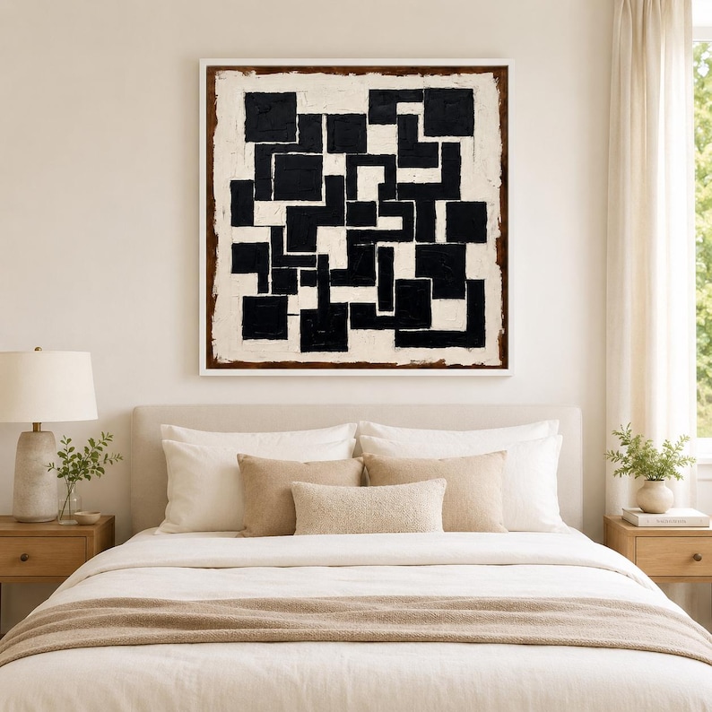 Black White Block Oil Painting Abstract Geometric Plaster Canvas ...