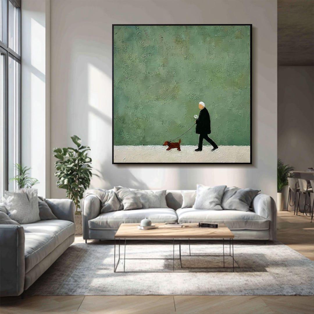 Man Walking Dog Oil Painting 3D Heavy Impasto Textured Sage Green ...
