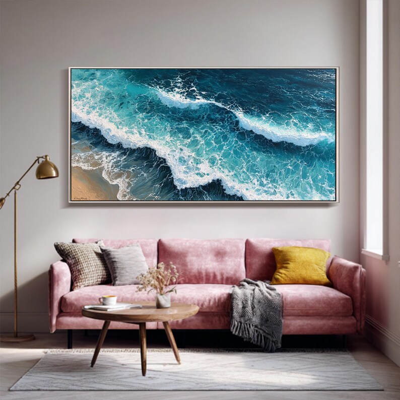 Textured Ocean Wave Oil Painting: 3D Impasto Coastal Art, Blue Beige ...